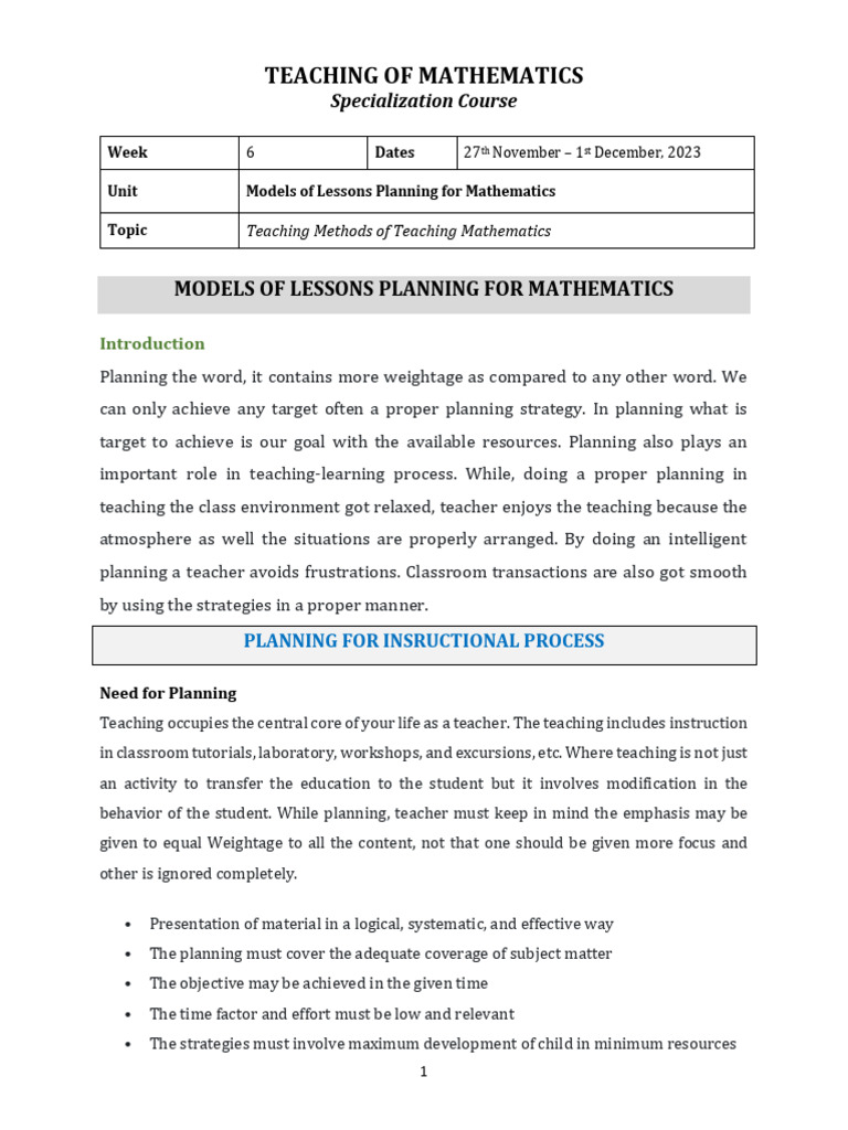 6.1 - Models of Mathematics Lessons Planning | PDF | Lesson Plan | Teachers