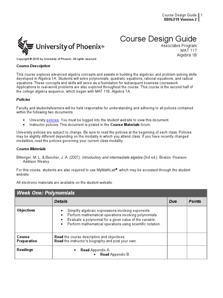 Course Design Guide: Week One: Polynomials | PDF | Algebra | Polynomial