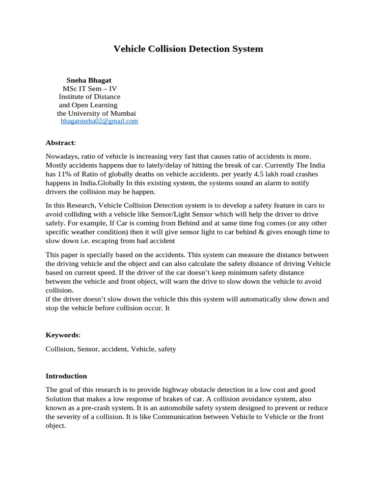 Sneha-ResearchPepar - Vehicle Collision Detection System | PDF | Traffic Collision | Transport