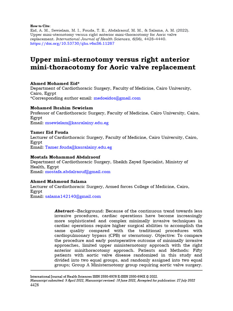 Upper Mini Sternotomy Versus Right Anter 3c98d5a5 | PDF | Surgery ...