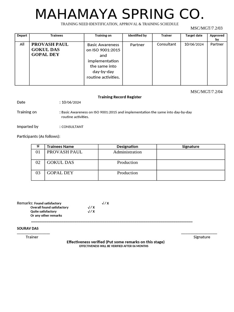 Training Record - Awarness | PDF