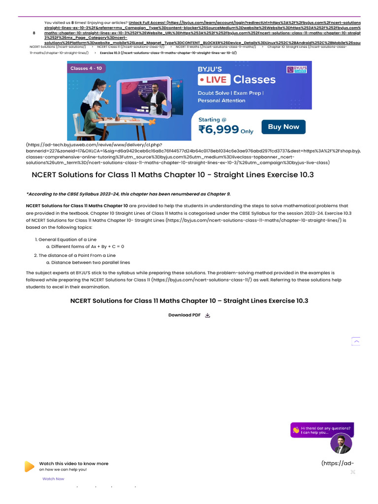 NCERT Solutions For Class 11 Maths Chapter 10 Straight Lines Ex 10.3 | PDF | Geometry ...