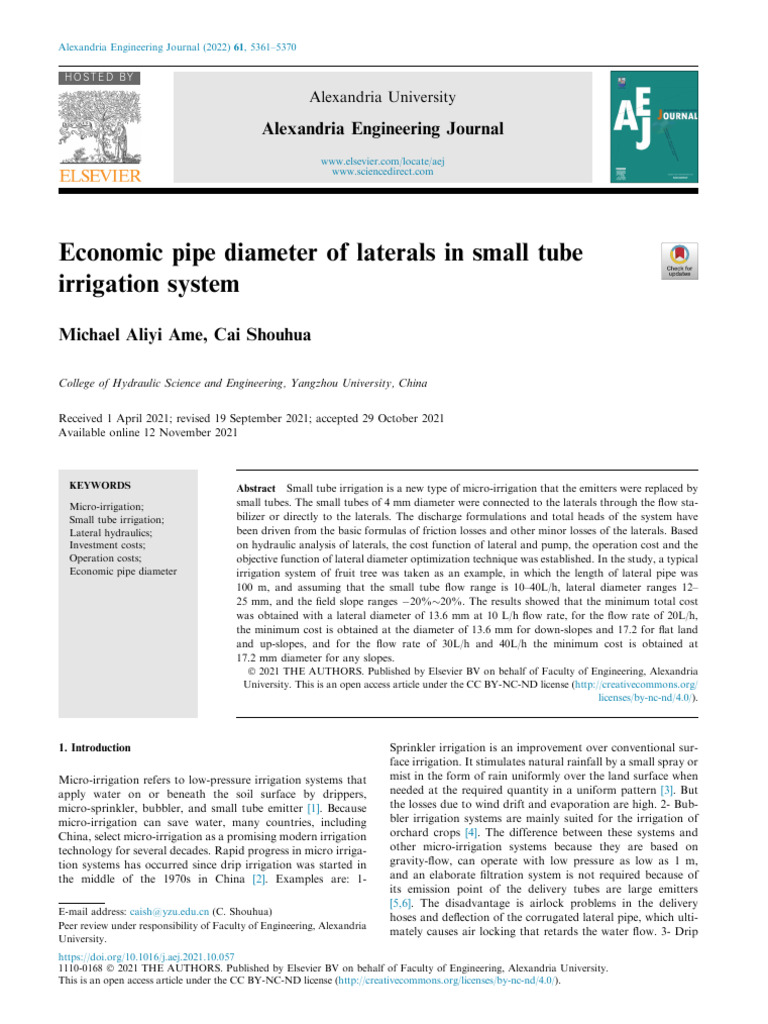 (Paper) Economic Pipe Diameter of Laterals in Small Tube Irrigation ...