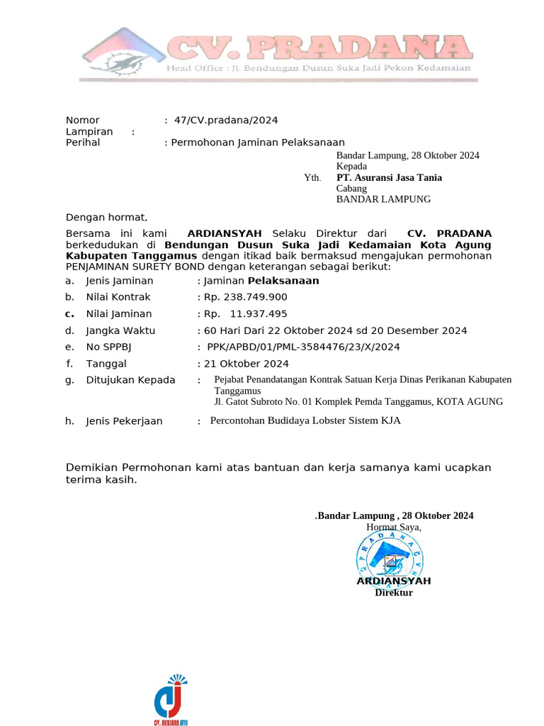 Permohonan Jaminan Pelaksanaan Asuransi | PDF