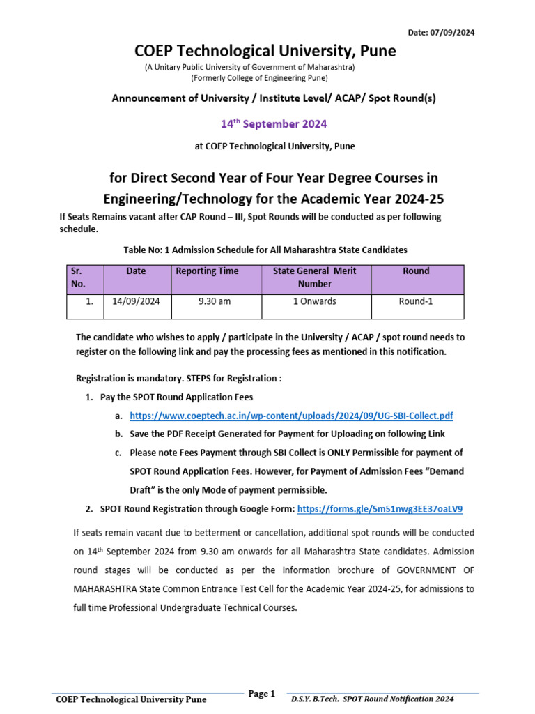 SPOT Round Notice Direct Second Year B.tech | PDF
