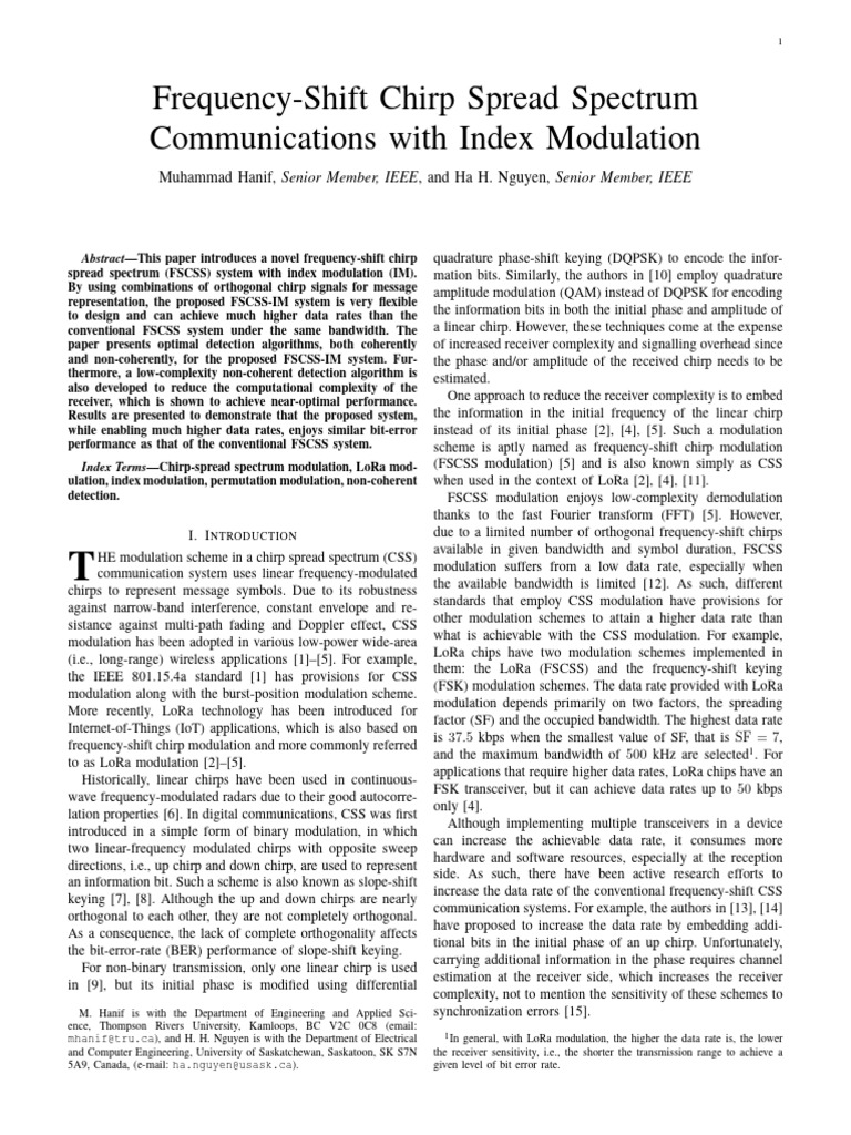 Frequency-Shift Chirp Spread Spectrum Communications With Index Modulation | PDF | Modulation ...