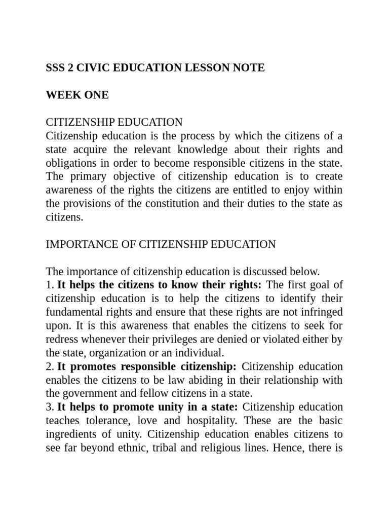 SSS 2 Civic Education Lesson Notes | PDF | Citizenship | Poverty