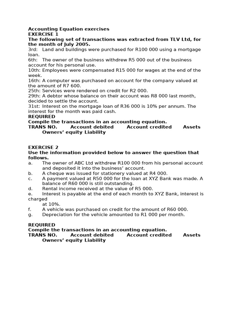 Accounting Equation Exercises - 2024 | PDF | Debits And Credits ...