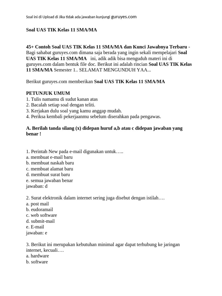 45+ Contoh Soal UAS TIK Kelas 11 SMA MA Dan Kunci Jawabnya | PDF