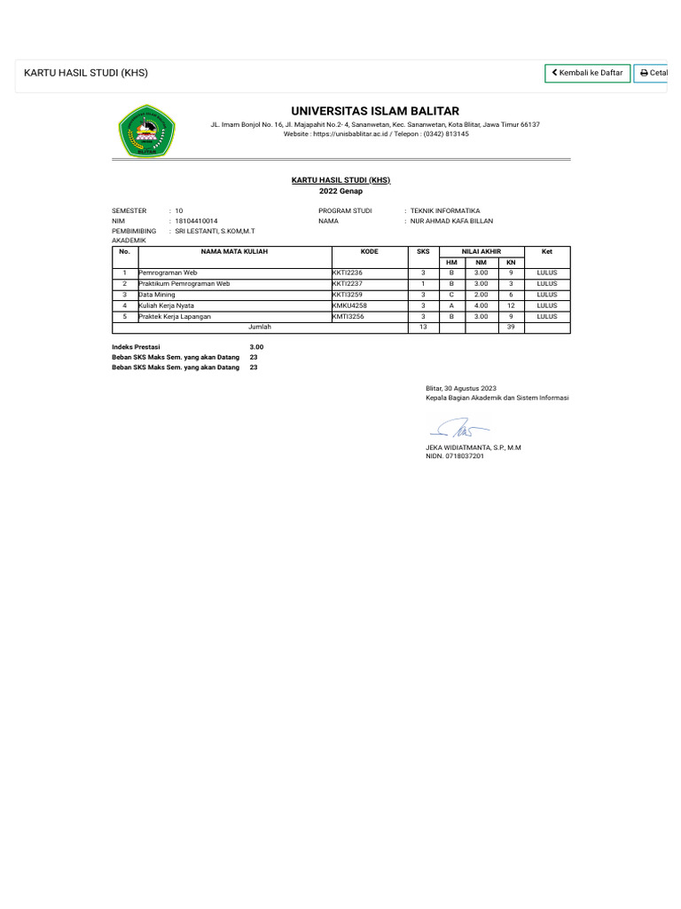 Kartu Hasil Studi (KHS) | PDF