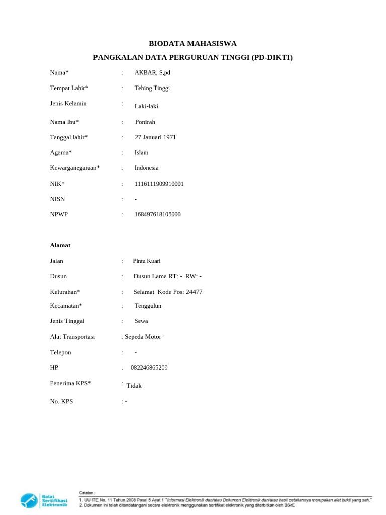 Biodata Mahasiswa Pd-Dikti | PDF