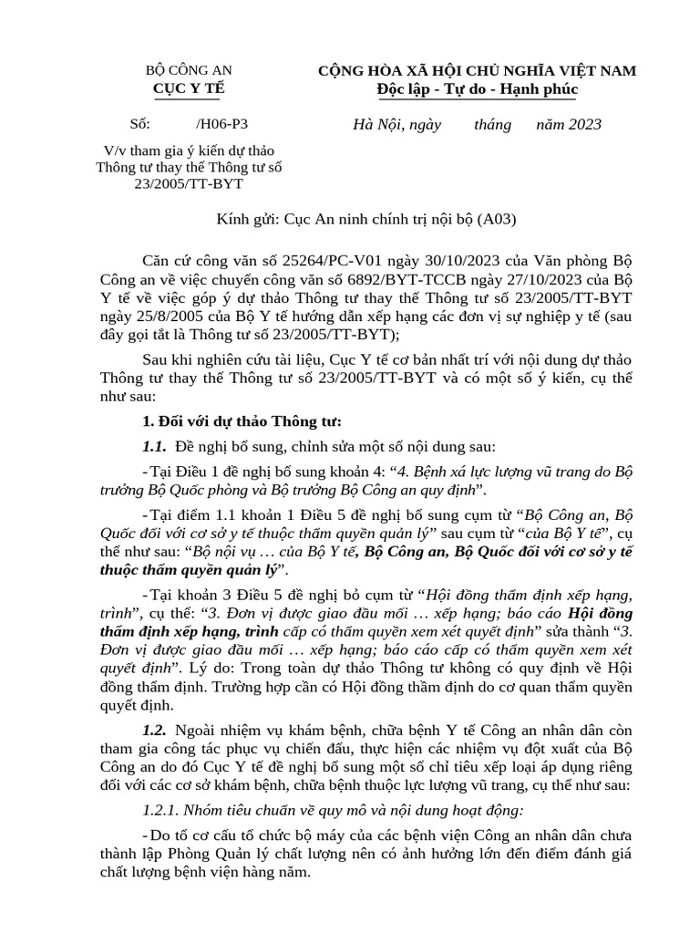 CV Gửi A03 Góp Ý Dự Thảo TT Thay Thế TT 23-2005-BYT Xếp Hạng BV | PDF