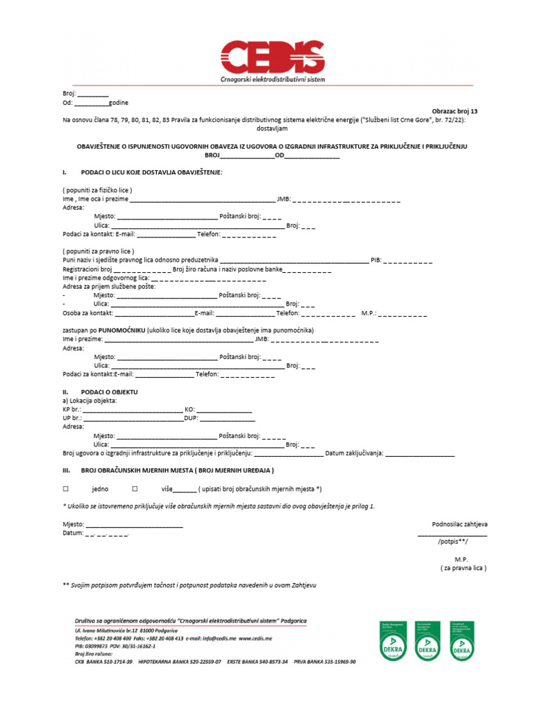 Obavještenje o Ispunjenosti Ugovornih Obaveza Obrazac 13 | PDF