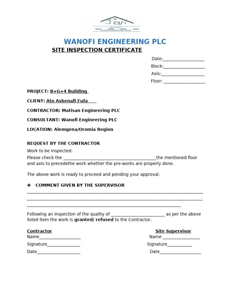 Site Inspection Certificate for Building Project | PDF
