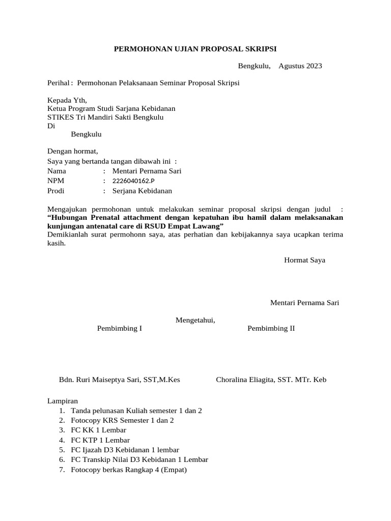Permohonan Ujian Proposal Skripsi Mentari Pernama | PDF