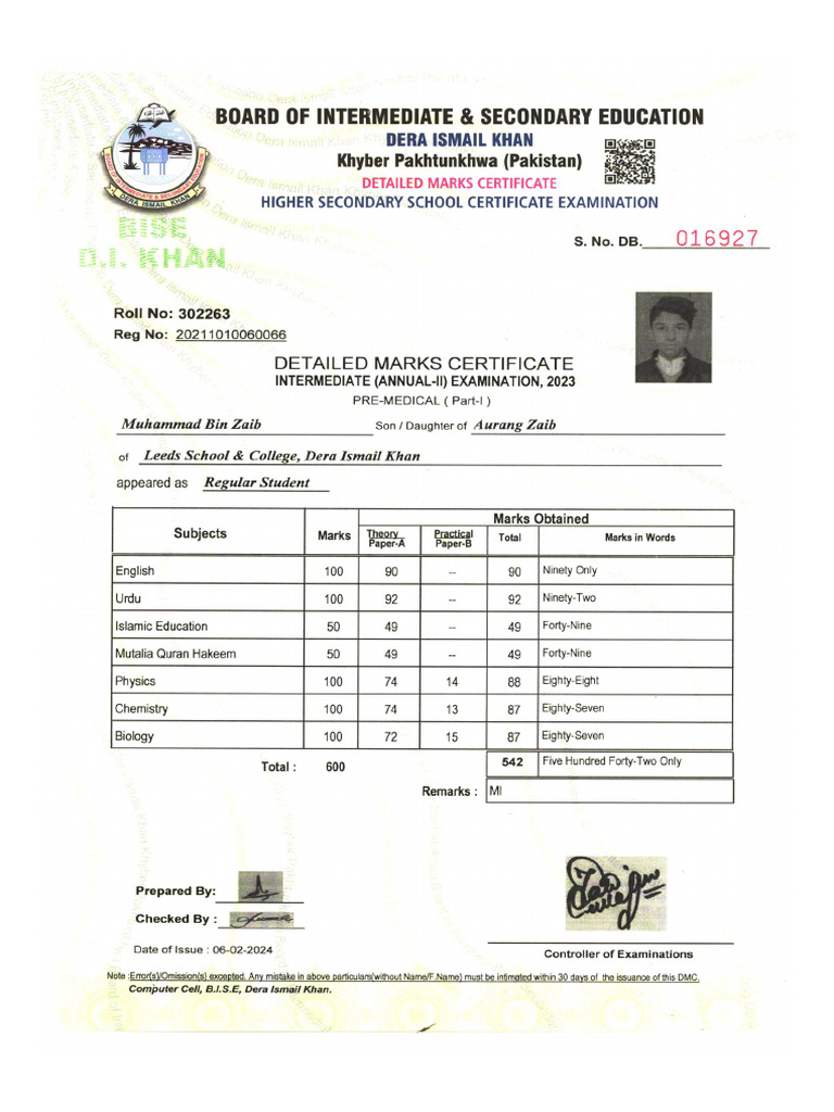 1st Year Marksheet | PDF
