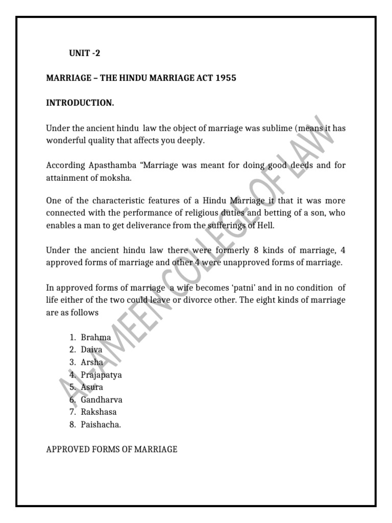 Unit 2 Hindu Law Notes Marriage 1 Pdf Annulment Marriage