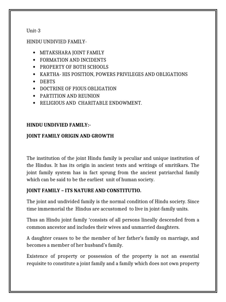 Unit - 3 Hindu Law Notes Hindu Undivided Family | PDF | Concurrent ...