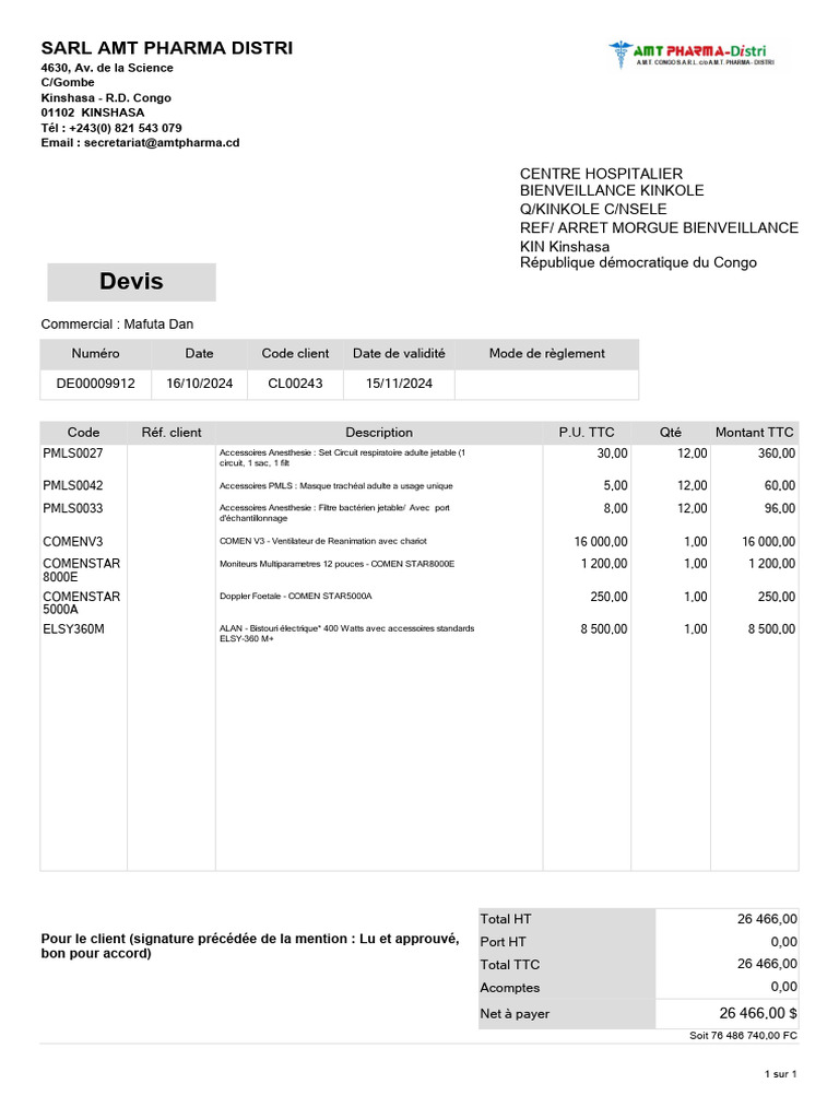 Devis AMT Pharma pour équipements médicaux | PDF