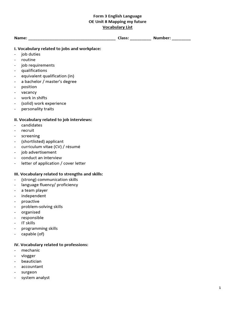 Microsoft Word - 2122 F.3 Unit 8 Vocab List and Ex (Stu Version) | PDF ...