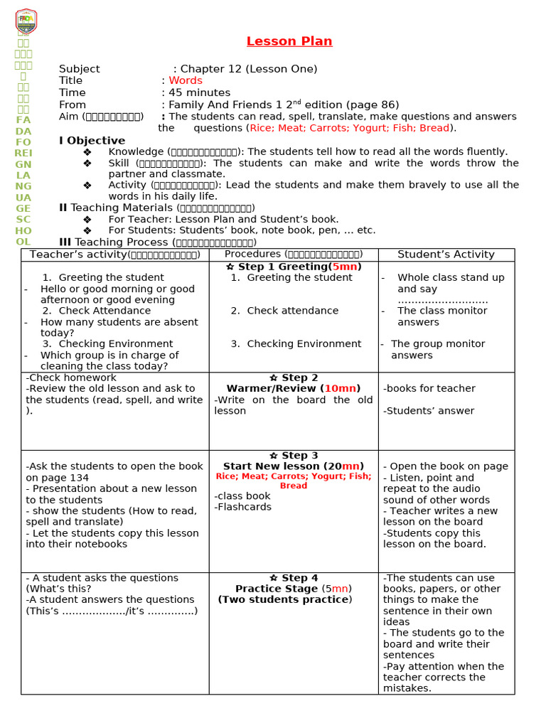 SOK RITHY'S TEACHING PROCEDURES (FAMILY AND FRIEND 1 2nd Edition) Lesson Plan1 | PDF | Learning ...