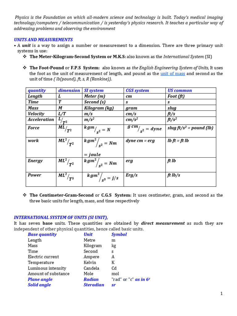 Units+Dimensions Sshandout2024 | PDF | Euclidean Vector | International System Of Units