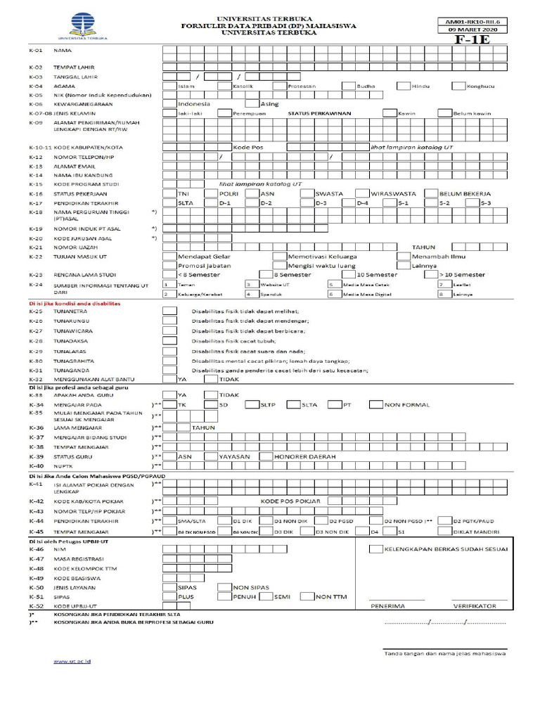 Formulir Lengkap Pendaftaran UT 2024 | PDF