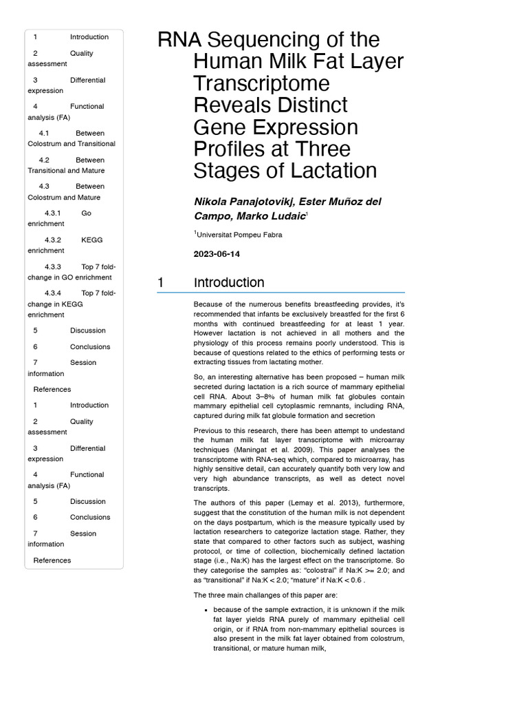RNA Sequencing of The Human Milk Fat Layer Transcriptome Reveals Distinct Gene Expression ...