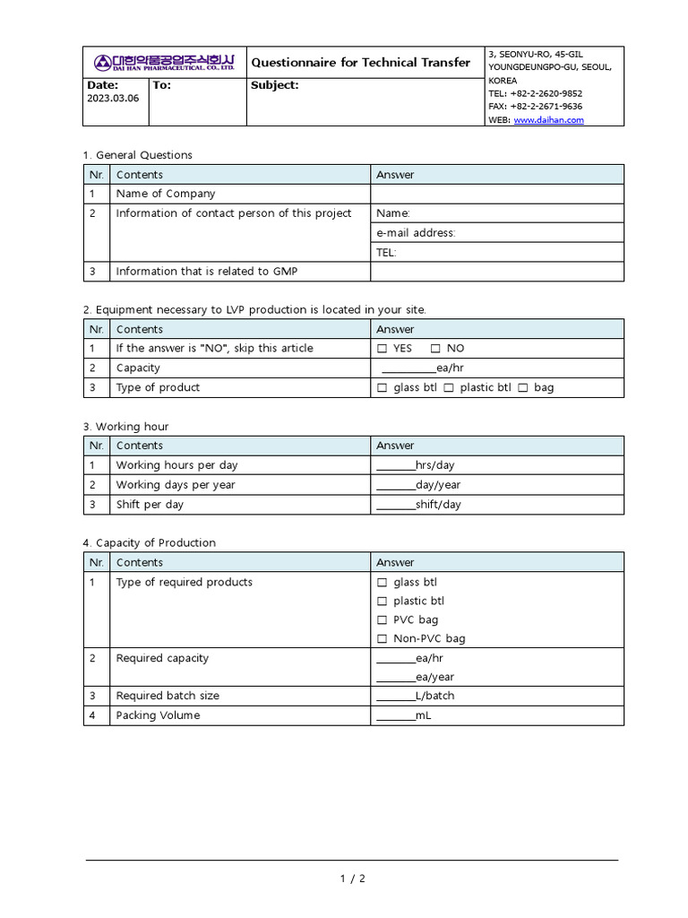 Questionnaire For Technical Transfer - 230306 | PDF