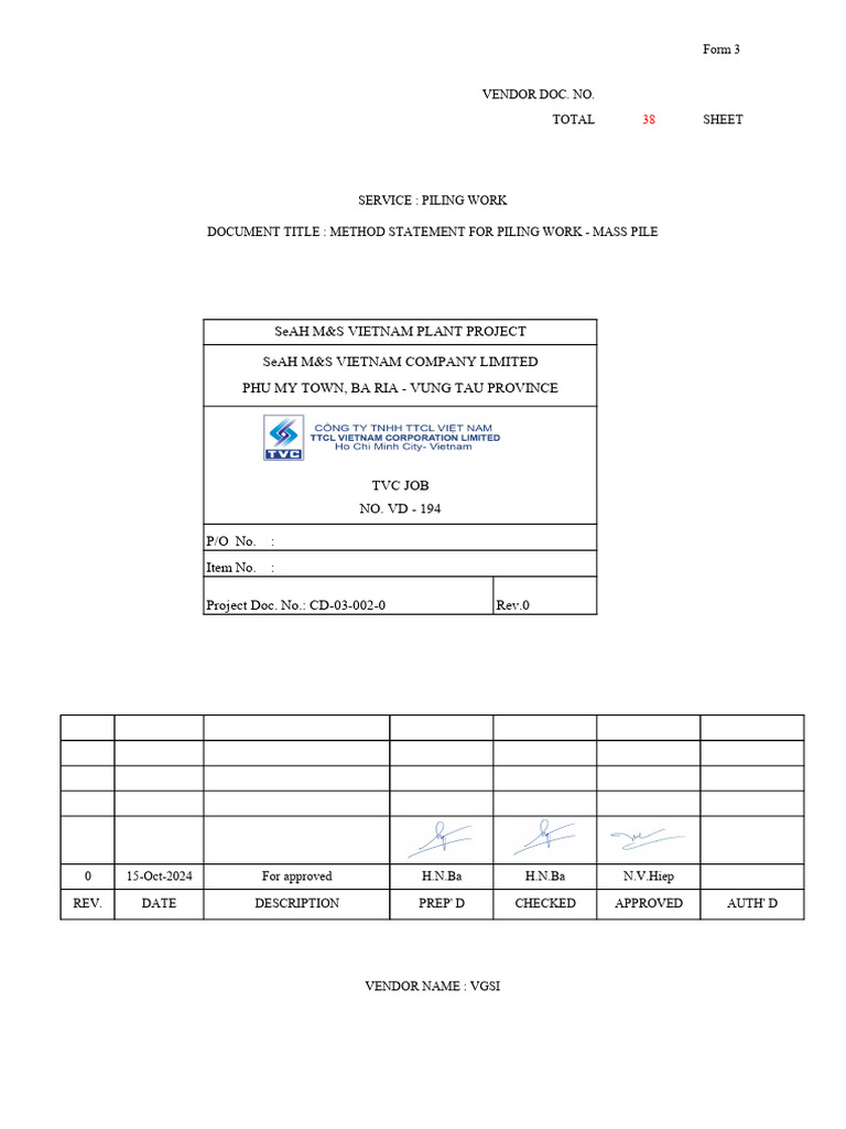 CD-03-002-0 Method Statement For Piling Work - Mass Pile | PDF