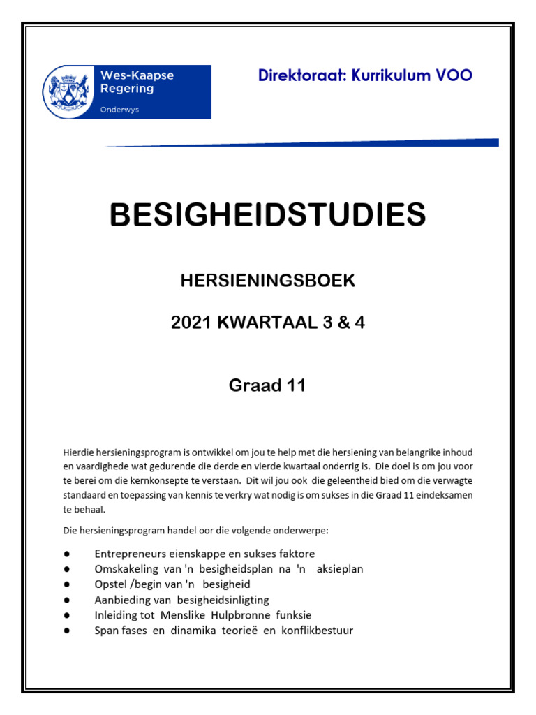Besigheidstudies Graad 11 Hersieningsmateriaal Kwartaal 3 en 4 - 2021 | PDF