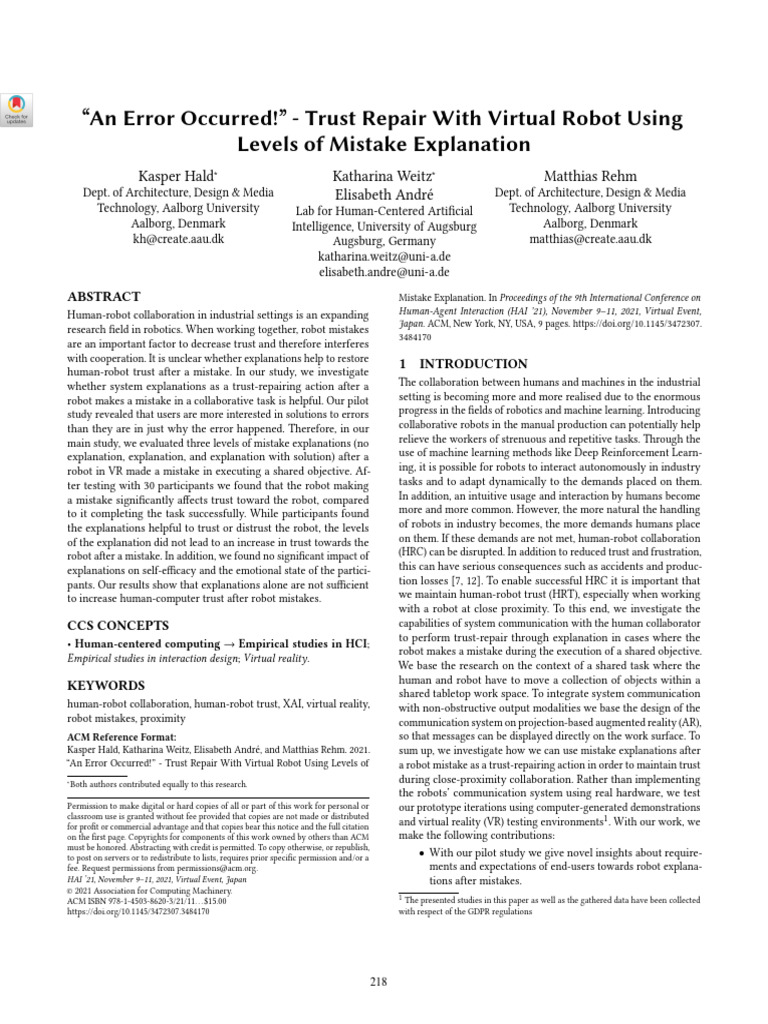 "An Error Occurred!" - Trust Repair With Virtual Robot Using Levels of Mistake Explanation | PDF ...