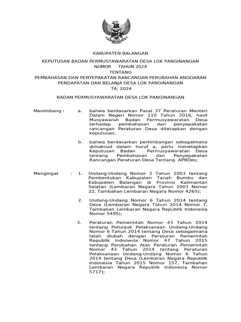 SK BPD KESEPAKATAN RANCANGAN PERUBAHAN Apbdes | PDF