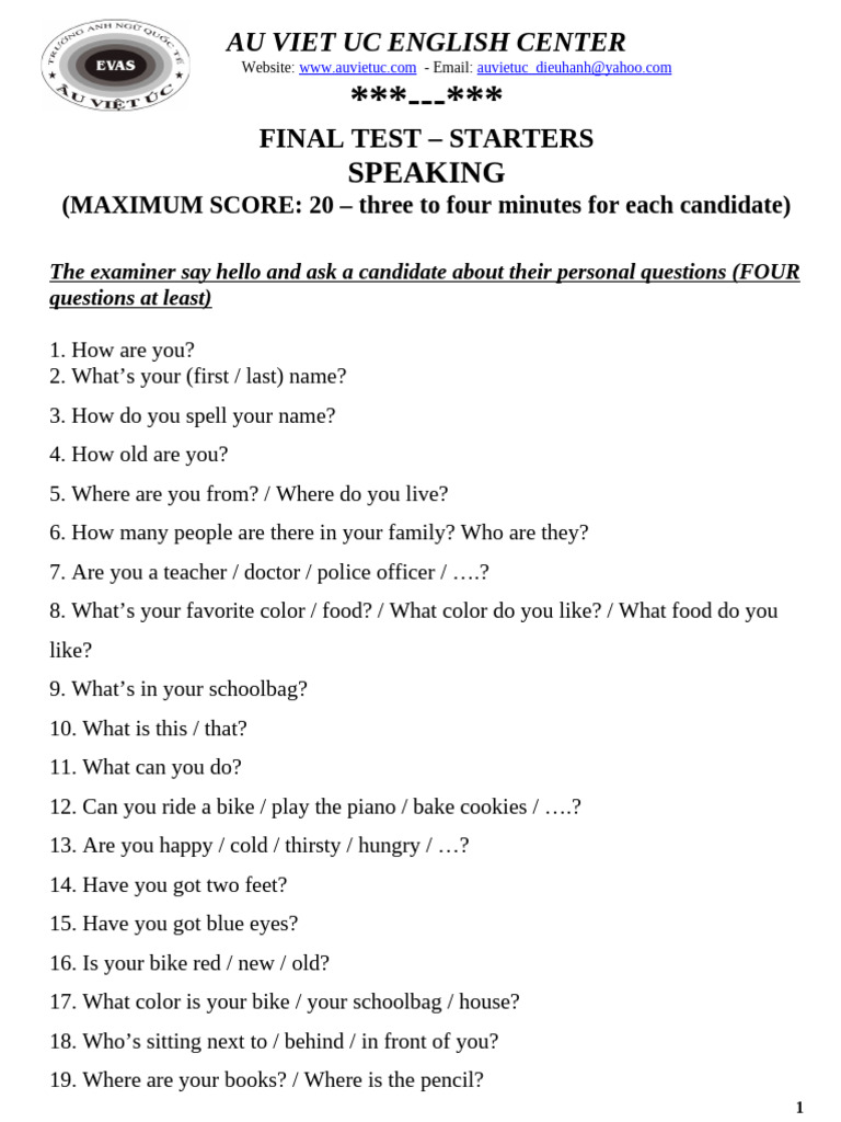 Speaking - Starters | PDF