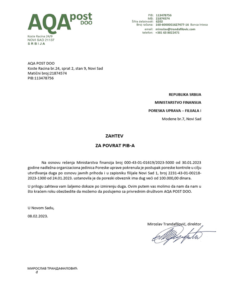 Zahtev Za Povrat PIB-a - Potpisano | PDF