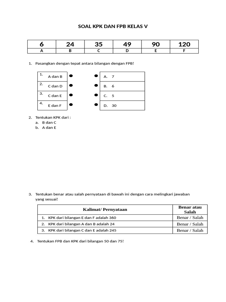Soal KPK Dan FPB Kelas 5 | PDF