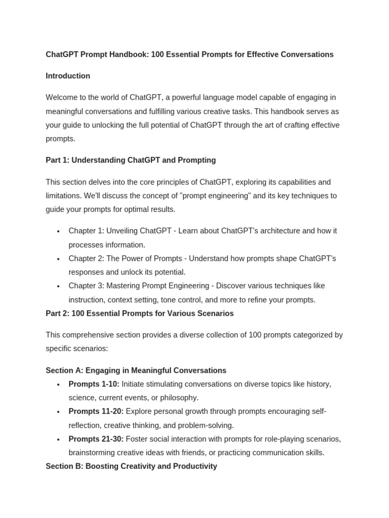 ChatGPT Prompt Handbook: 100 Essentials | PDF | Creativity | Brainstorming