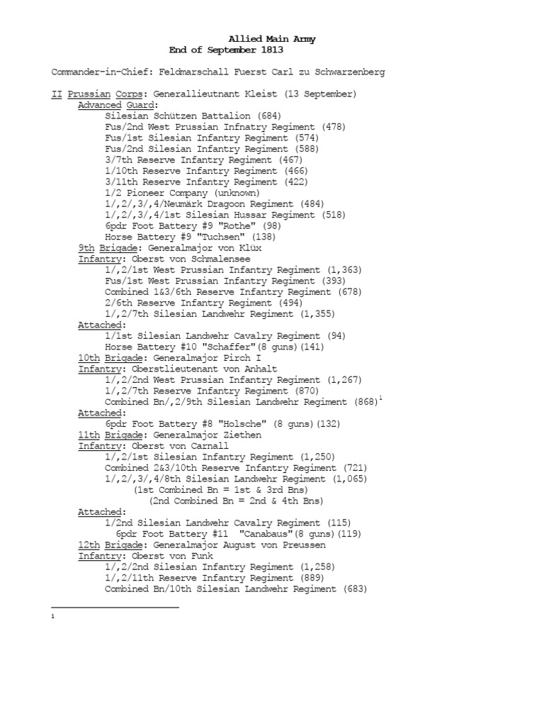 Allied Main Army Fin Sept 1813 | PDF | Regiment | Brigade