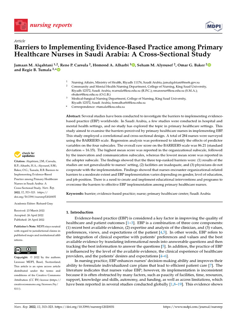 Barriers To Implementing Evidence-Based Practice Among Primary Healthcare Nurses in Saudi Arabia ...