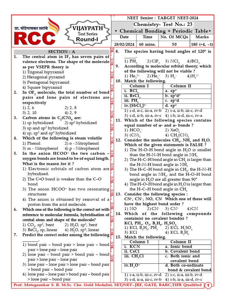23 Chemical Bonding Periodic Table 28-02-2024 Paper | PDF | Chemical Bond | Molecular Orbital