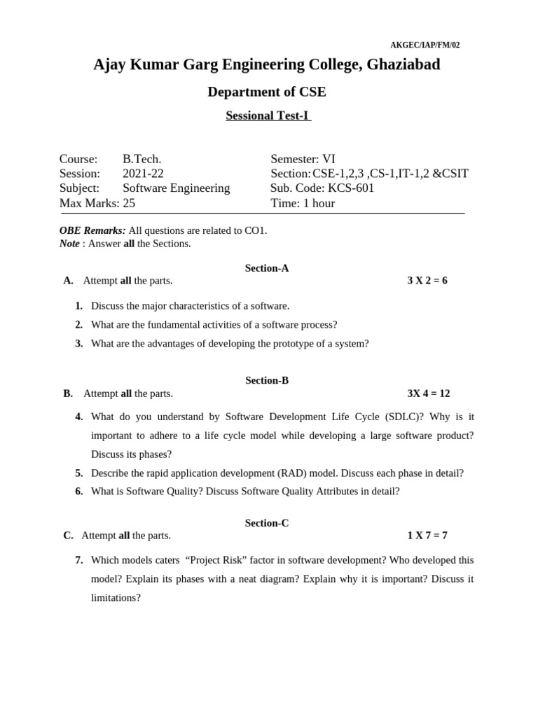 Software Engineering KCS-601 ST-1 QP Even 21-22 | PDF