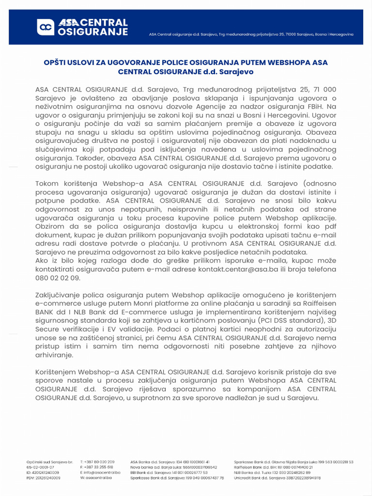 Opci Uslovi Za Ugovaranje Police Osiguranja Putem Web Shopa Asa Central ...