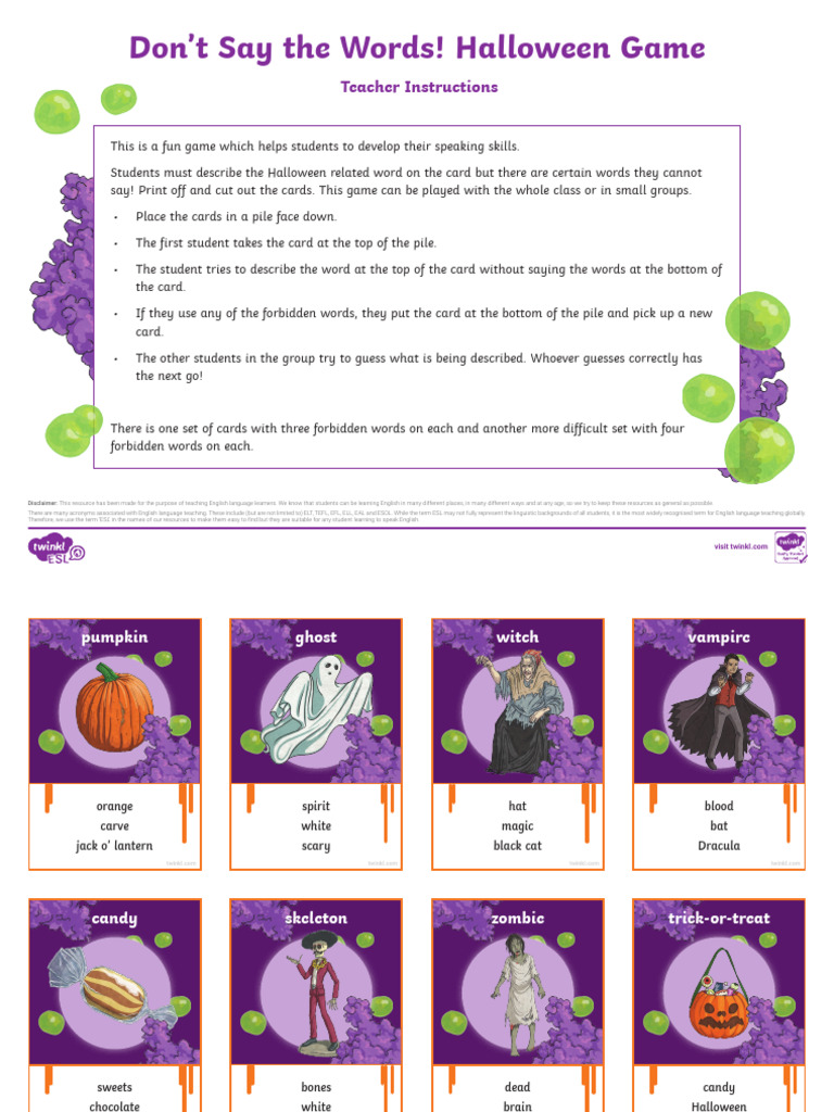 T 1725551795 Esl Dont Say The Words Halloween Game Teens b1 b2 Ver 2 2 | PDF | English As A ...