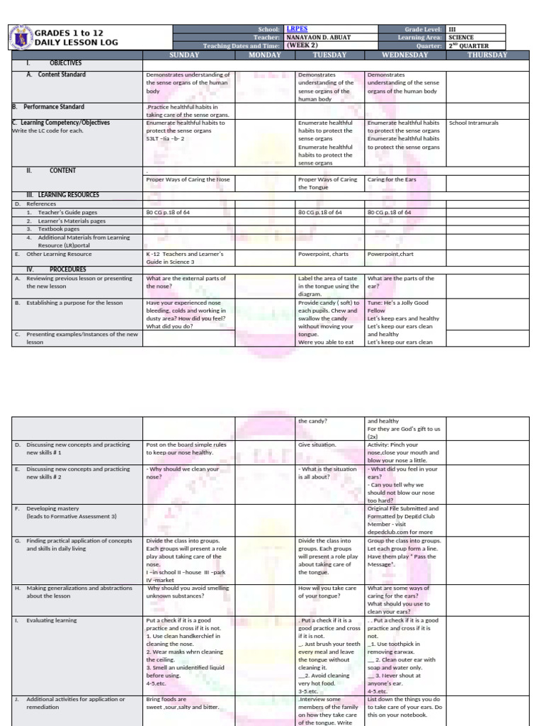 DLL_SCIENCE 3_Q2_W2 | PDF | Senses | Cognition