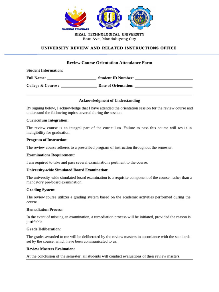 Review-Course-Orientation-Attendance-Form-1 | PDF