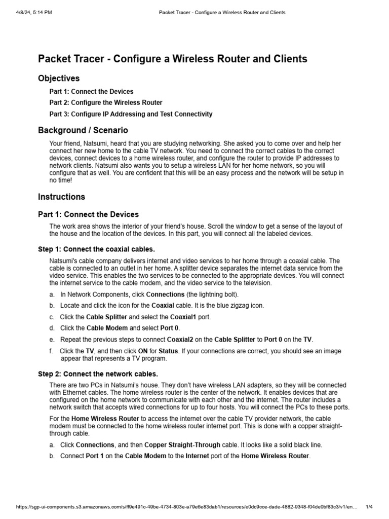 Packet Tracer - Configure a Wireless Router and Clients | PDF ...