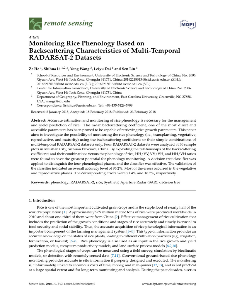 Monitoring Rice Phenology Based On Backscattering | PDF | Agriculture | Rice