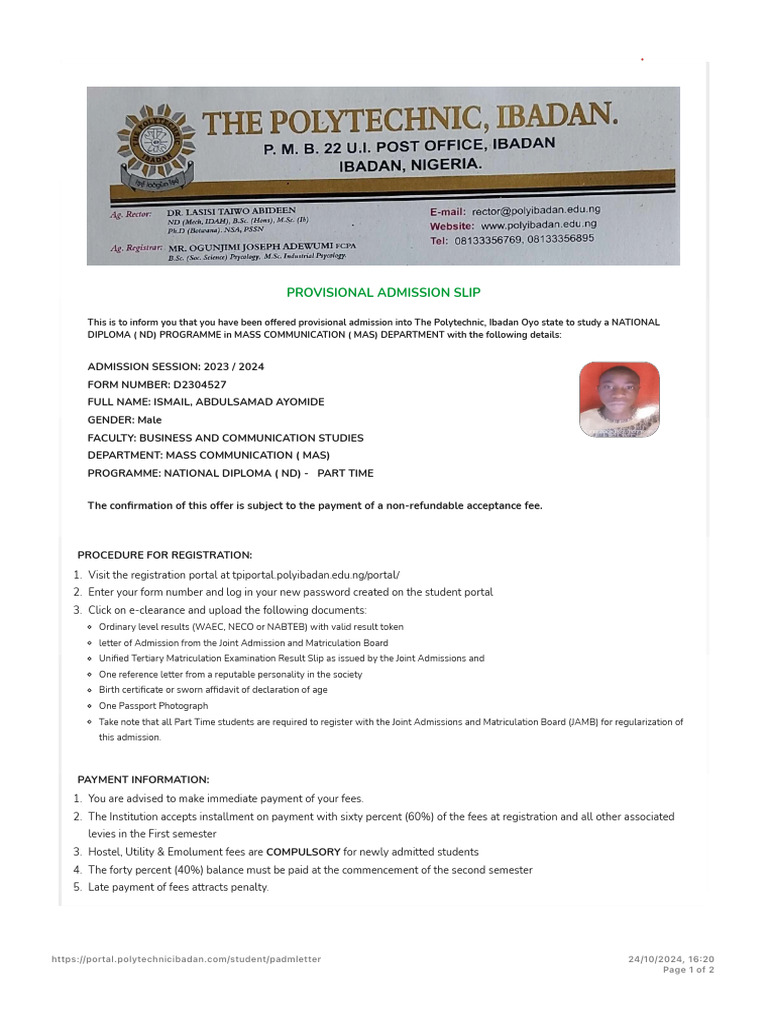 Poly Ibadan ND Registration Guide | PDF | Educational Stages ...