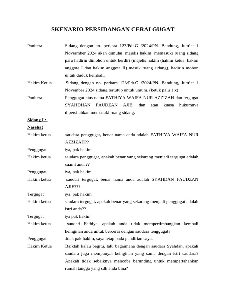 Skenario Persidangan Cerai Gugat Fix | PDF | Hukum
