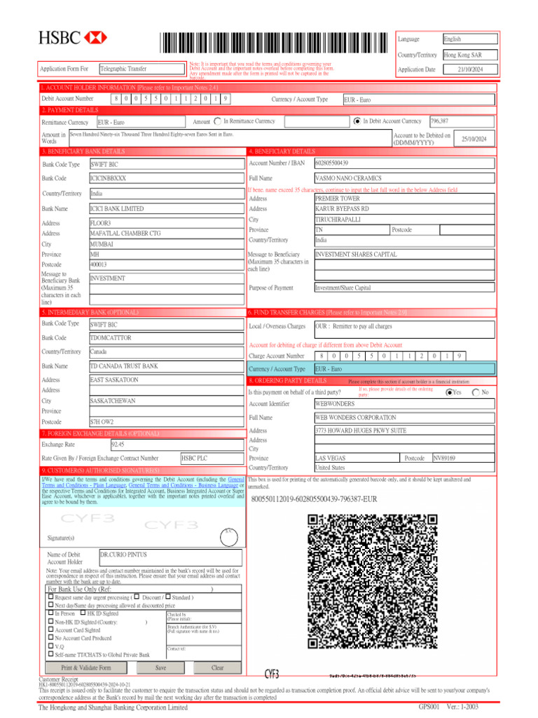 HSBC Telegraphic Transfer Application | PDF | Banks | Debit Card